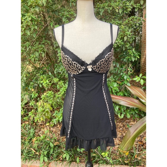 Intimates & Sleepwear | Vintage Lingerie Black Gold Teddy Nightgown ...